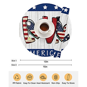 Round Placemats for Dining Table Set of 6 American Flag Patriotic Stars July 4th Place Mats Circle Woven Placemat Love American Wooden Patriotic Braided Table Mat for Kitchen Dinner Party 13 Inch