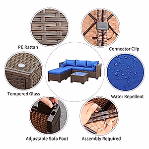 Outdoor Patio Brown Rattan Furniture Set 4 Piece PE Wicker Sectional Sofa Garden Couch with Royal Blue Cushion