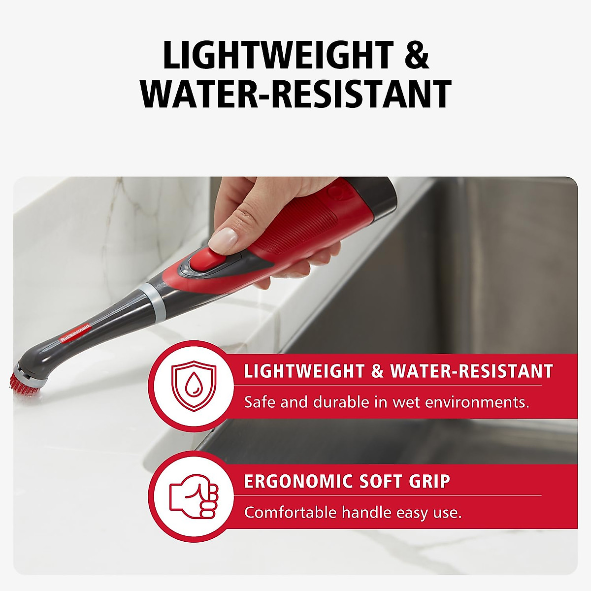Rubbermaid Reveal Cordless Battery Power Scrubber, Gray/Red, Multi-Purpose Scrub Brush Cleaner for Grout/Tile/Bathroom/Shower/Bathtub, Water Resistant, Lightweight, Ergonomic Grip (1839685)