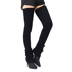 Pareberry Women's Winter Soft Over the Knee High Cable Boot Socks Knit Long Leg Warmers (C05-Black)