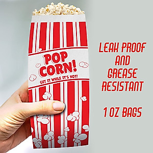 Retro, Grease Resistant Popcorn Bags 50 Pack. Single Serving 1oz Paper Sleeves in Nostalgic Red/White Design Movie Theme Party and Old Fashioned Carnivals & Fundraisers Old School Supplies