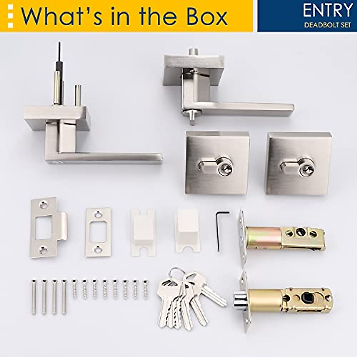 Keyed Entry Door Lever and Double Cylinder Deadbolt Set, Keyed Alike Reversible Lockset, Satin Nickel Square Interior/Exterior Handleset for Bedroom, Front Door 3 Pack