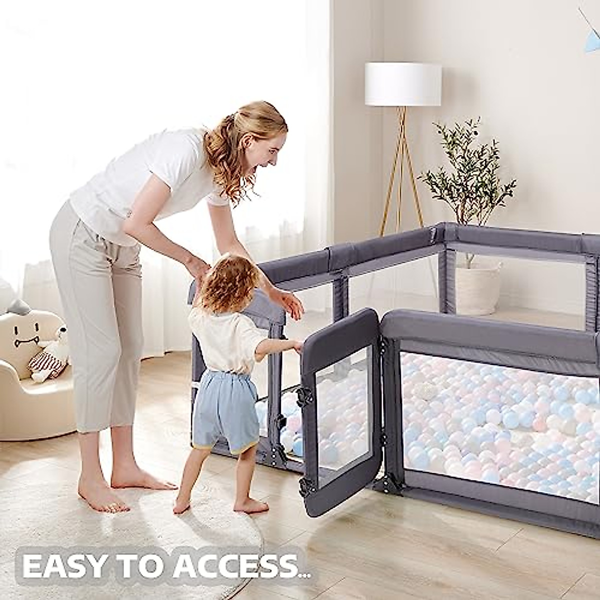 Sweeby Baby Playpen, 79x71 Playpens for Babies and Toddlers with Gate, Large Baby Play Yards with Zipper Door, Indoor & Outdoor Baby Fence, Dark Grey