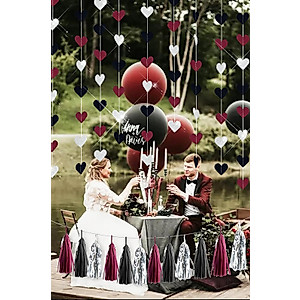 Bridal Shower Decorations Maroon Black/Wedding Decorations/Burgundy Valentine's Day Garland Decorations/Maroon Black Birthday Party Decorations Burgundy Black Heart Paper Garlands 2pcs