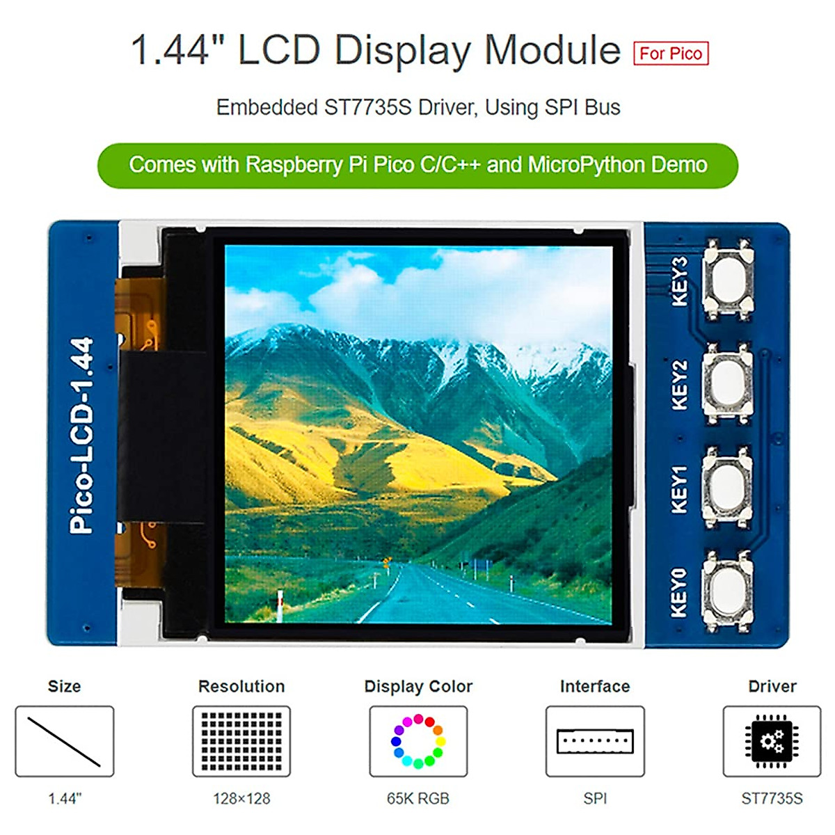 Bicool 1.44inch LCD Display Module for Raspberry Pi Pico, 128×128 Resolution TFT Display Panel 65K RGB Display Color Clear and Colorful Display Effect, ST7735S Driver SPI Interface 3.15V ~ 5V