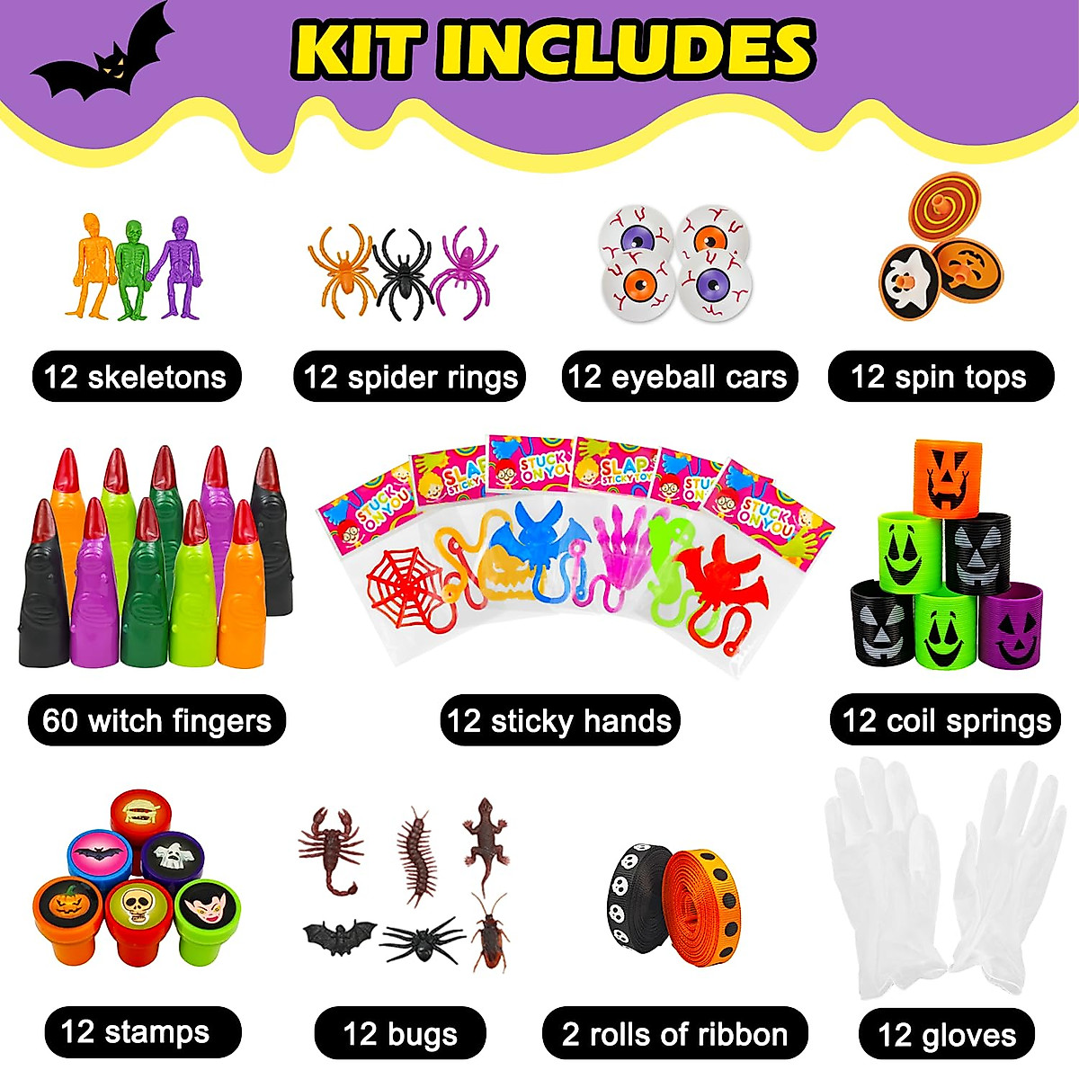 Halloween Party Favors Supplies for Kids, Gloves Stuffed Toys Gifts Bulk for Toddlers - Set of 12, Halloween Basket Goodie Bag Stuffer Fillers, Classroom Treats Prizes for Boys Girls