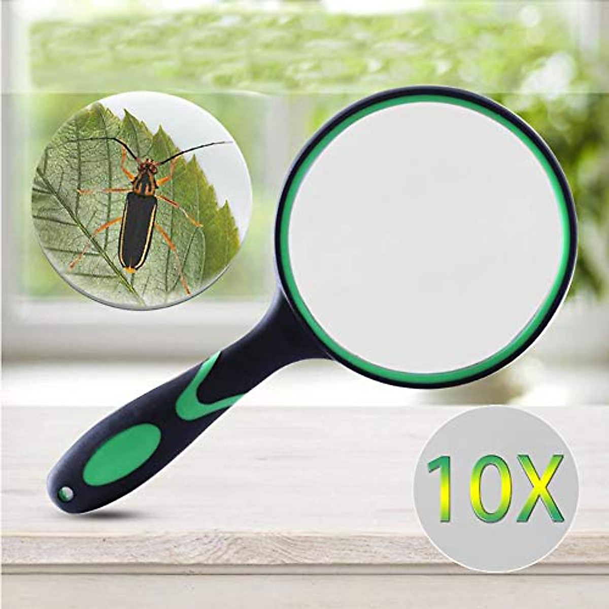 2Pack Magnifying Glass 10X, 75MM Large Magnifying Lens,Non-Slip Magnifying Glass Toy for Kids Toddler,Handled Magnifying Glass for Reading,Close Work,Insect,Science,Hobby Observation (Green 75MM)