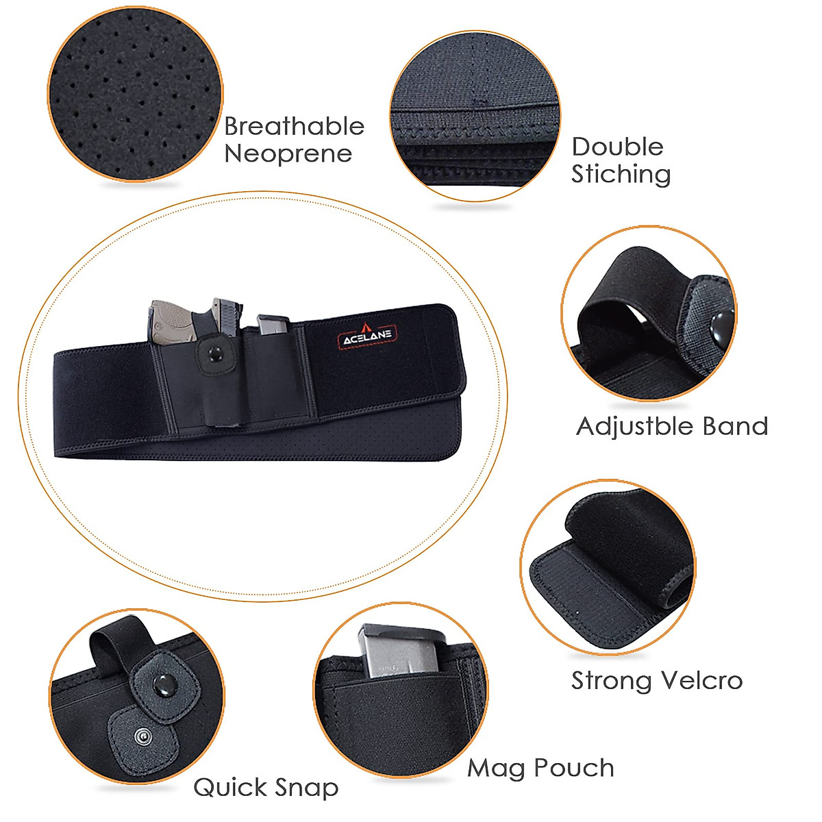 Acelane Belly Band Holster for Concealed Carry Abdominal Band Gun Holster Tactical Elastic Waist Pistols Adjustable Belly Wrap IWB OWB Mag Pouch Fits Firearm Handgun Revolvers for Men & Women