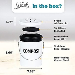 Kitchen Compost Bin by Saratoga Home - 1.3 Gal/5L Metal Compost Bucket for Kitchen Countertop, Kitchen Composter, Countertop Compost Bin, Compost Bin Kitchen, Kitchen Compost Bin Countertop, White