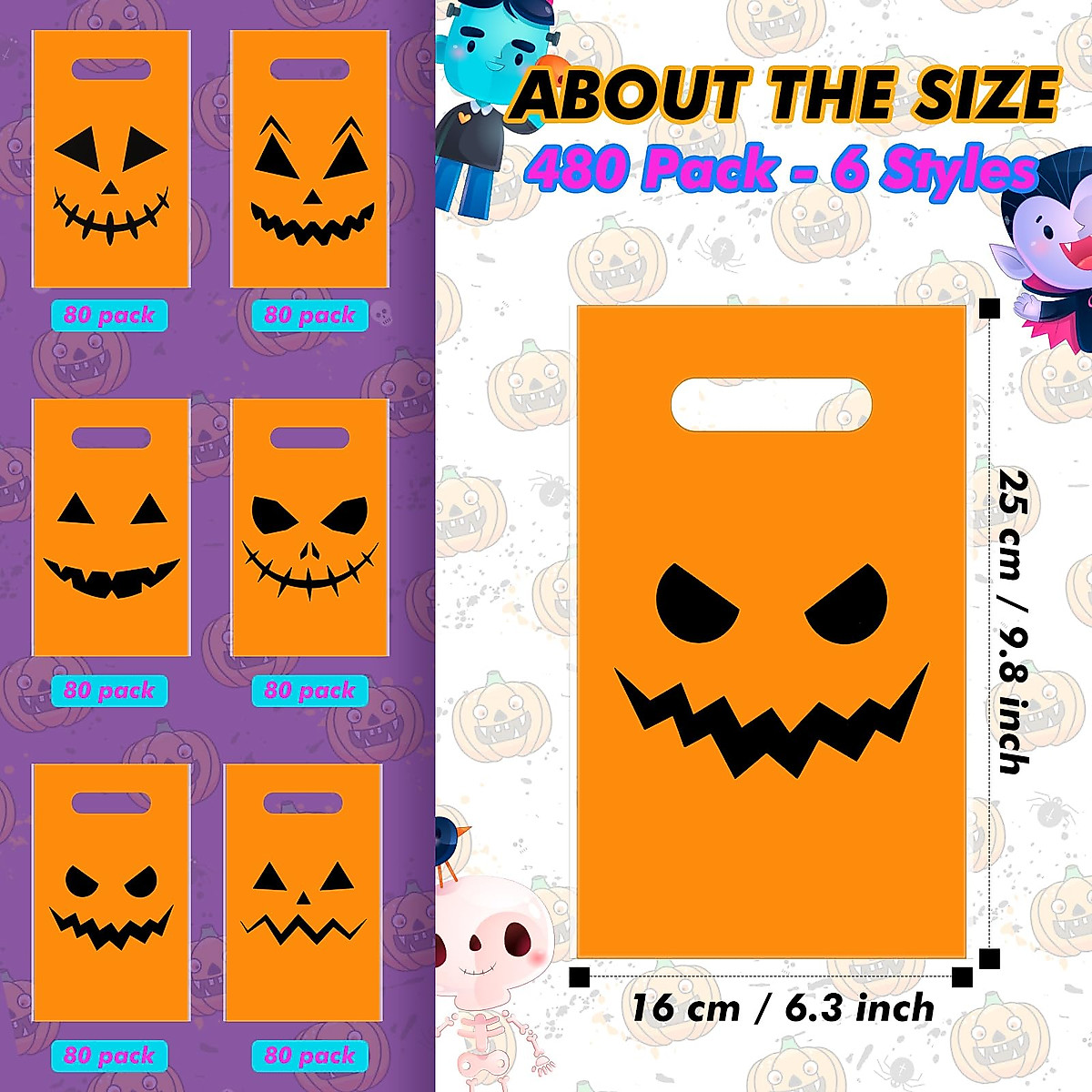 Jetec Halloween Plastic Bags Pumpkin Treat Bags Trick or Treat Plastic Candies Goodie Gift Bags with Handle Halloween Party Favor Bags for Halloween Decoration (480 Pcs)