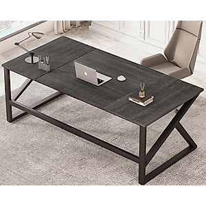 IBF Long Desks for Home Office, Large Metal Wooden Computer Desk for 2 Monitors, 70 Inch Two Person Desk for Executive Work Writing Study Gaming, Industrial Modern Big Double Desk, Dark Gray Oak