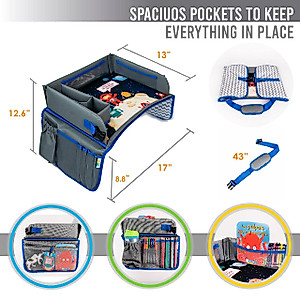 Kids Travel Tray - Car Seat Tray - Travel Lap Desk Accessory for Your Child's Rides and Flights - it's a Collapsible Organizer that Keeps Children Entertained Holding Their Toys (Blue)