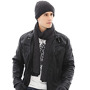 ecodudo Winter Unisex Beanie Hat Scarf Touch Screen Gloves Set 3 Pieces Knit Hats Skull Caps Warm Acrylic Lined Neck Scarf and Glove for Men and Women (Ribbed Knit-Dark Grey)