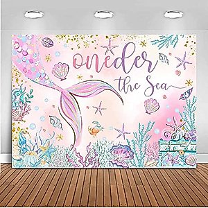 Mocsicka Oneder The Sea 1st Birthday Backdrop 7x5ft Pink Mermaid Under The Sea Happy First Birthday Party Decorations for Girls Starfish Shell Seaweed Photography Background