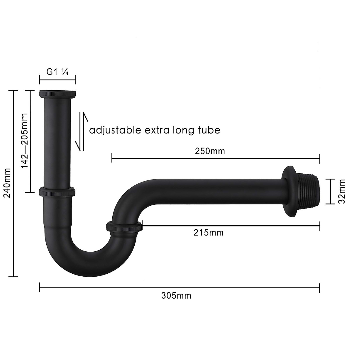 Orhemus Brass P Trap, 1 1/4 Bathroom Basin Sink Waste Trap Drain Kit with Flange and Slip Joint Extension Tube Drain Tailpiece, Adjustable Height, Matte Black