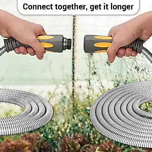 TheFitLife Flexible Metal Garden Hose - 100FT Lightweight Stainless Steel Water Hose with Solid Fittings and Sprayer Nozzle - Leak Proof, Kink Free, Anti-rust, Large Diameter, Durable and Easy Storage