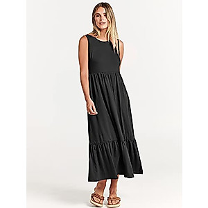 ANRABESS Women's Casual Summer Sleeveless Ruffle Sundress Round Neck A-Line Pleated Maxi Dress with Pockets 499heise-XXL Black