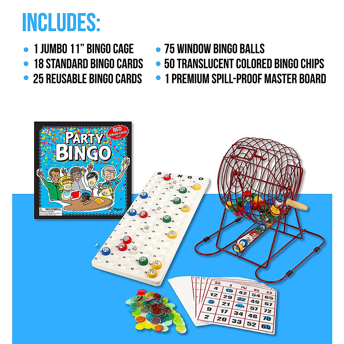 Regal Bingo Professional Bingo Game Set with 11" Wheel Cage, 75 Bingo Balls, Master Board, 18 Bingo Cards & 25 Jumbo Reusable Cards, and Colorful Chips - Bingo Games for Adults Large Group - Red