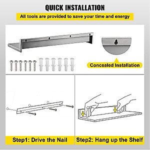 VEVOR Stainless Steel Shelf 8.6" x 30", 2PCS Wall Mounted Floating Shelving with Backsplash, 44 lbs Load Capacity Commercial Shelves, Heavy Duty Storage Rack, Restaurant Kitchen Bar Home Hotel