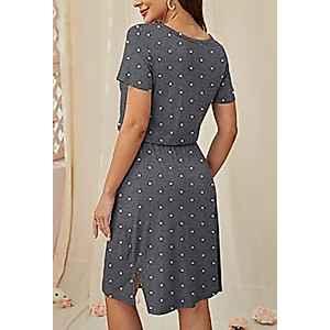 Women Summer Sleeve Pocket Modest Work Casual Midi Knee Dress Polka Dot Gray L