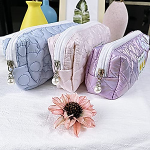 Fycyko Cute Flower Pencil Pen Case Cosmetic with Pearl Zipper for Girl Lightweight Aesthetic Organizer Fashion Storage Pouch Bag,Blue Small Pencil Case for Adults Students School