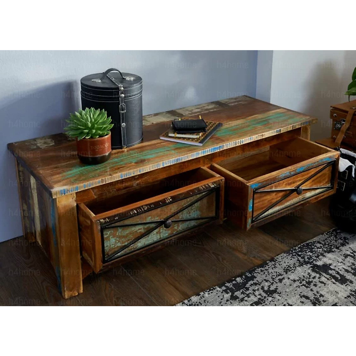 Vintage Industrial TV Stand with 2 Drawers Woodn Entertainment Centers Reclaimed Furniture Rustic Solid Wood Cabinet Retro Style TV Unit