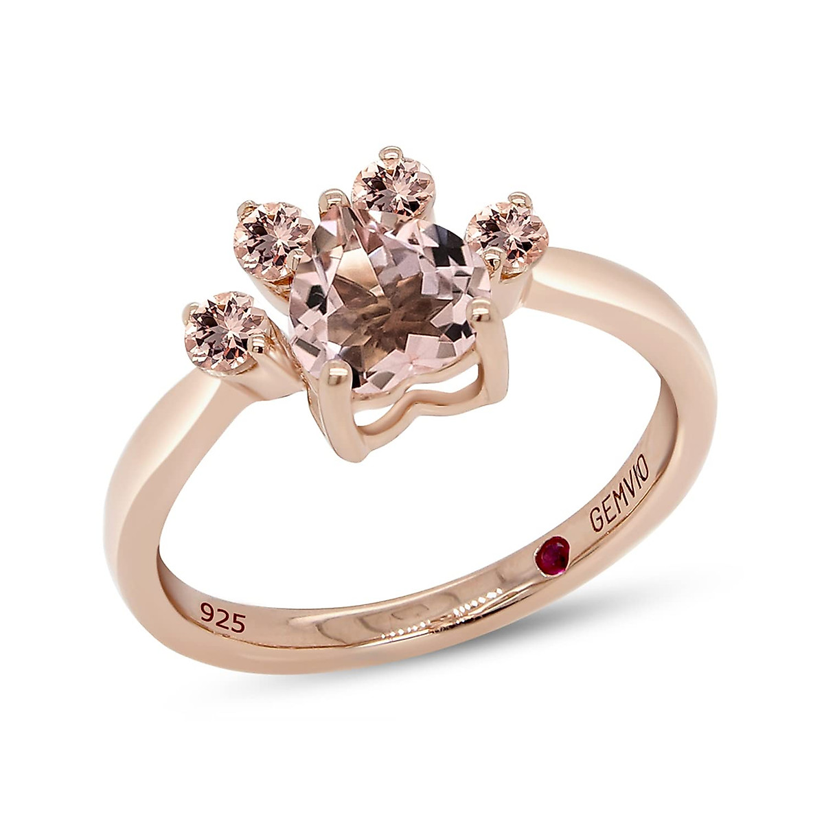 GEMVIO Collection Blush 6MM Heart Peach Morganite Gemstone Cat Paw Ring In 14k Rose Gold Over Sterling Silver Gifts For Womens Promise Anniversary Wedding Ring Size-5