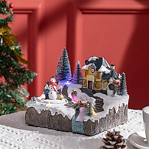 HOMCOM Christmas Village Rotating Skating Pond Animated Winter Wonderland Set with LED Light, Music, Fiber Optic, Battery-Operated Christmas Decoration