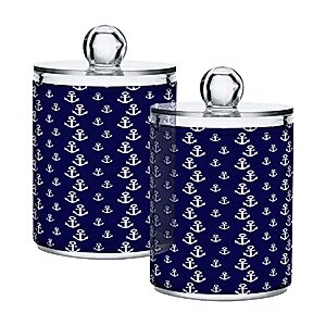 WELLDAY Apothecary Jars Bathroom Storage Organizer with Lid - 14 oz Qtip Holder Storage Canister, Nautical Anchor Blue Clear Plastic Jar for Cotton Swab, Cotton Ball, Floss Picks, Makeup Sponges,Hair
