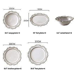 Stylish Dinner Plates,Ceramics Dinnerware Set, Cereal Bowl Soup Plate and Steak Plate Set of 24 | French Vintage Embossed Palace Style Porcelain Dinner Sets for Wedding Gift