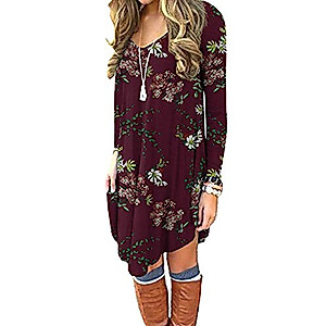 Womens V Neck Long Sleeve Casual Floral Printed Tunic Dresses Loose T-Shirt Dresses