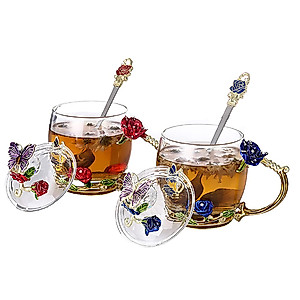 Guon-Wuvl 2 Pack Flower Teacup Transparent Glass Teacup, (With Spoon + Lid), Fancy Tea Cups, Flower Tea Cup,Tea Cup Gift, Tea Sets for Women,Gifts for Women (E)