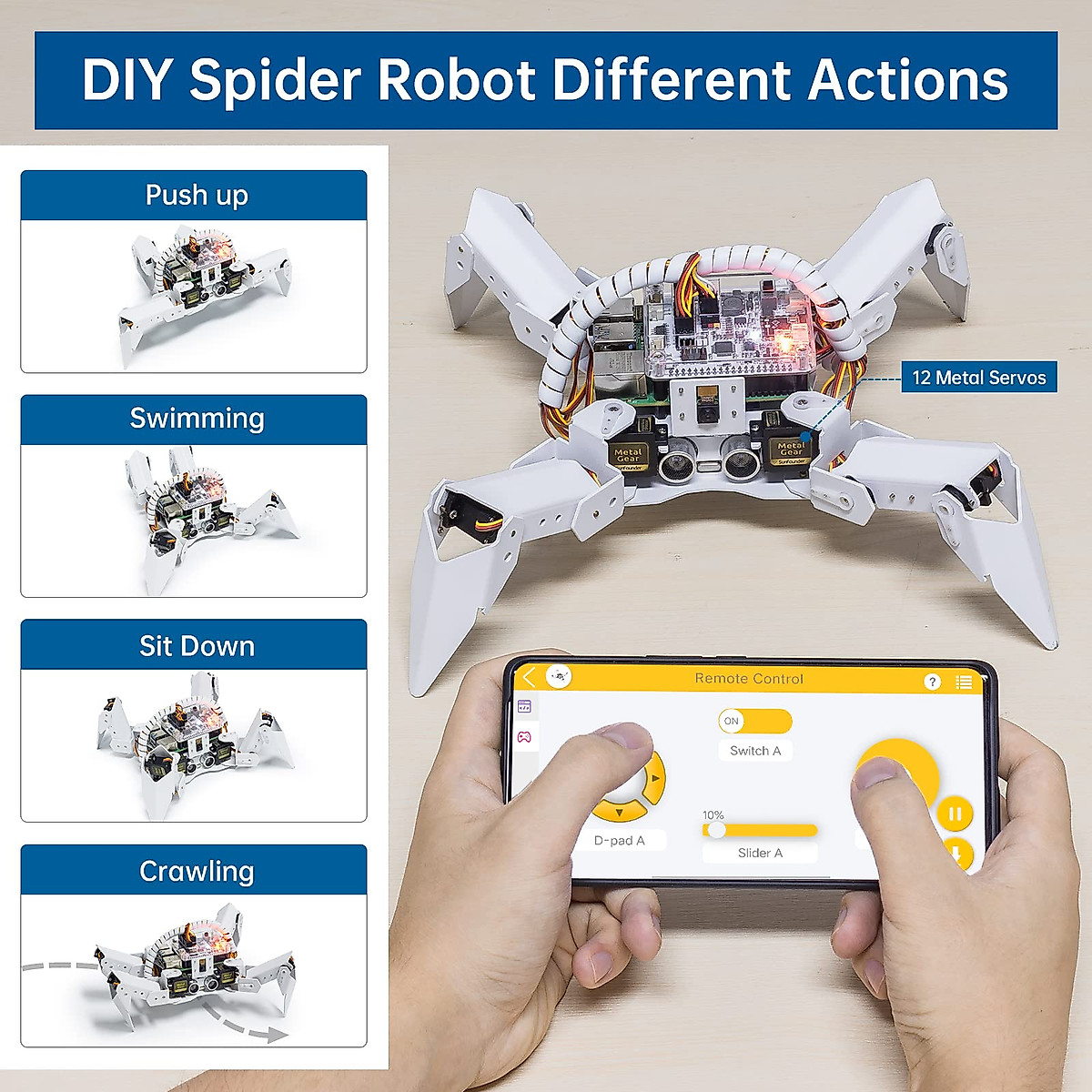 SunFounder PiCrawler AI Robot kit for Raspberry Pi, Robot HAT, Camera Module, Multi-Function DIY Bionic Robots for Students and Adults, Batteries Included (Raspberry Pi NOT Included)