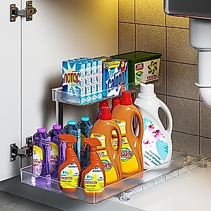 Under Sink Organizer and Storage, 2 Tier Sliding Under Sink Shelf, L Shaped Pull Out Cabinet Basket Organizer, Multi-Purpose Slide Out Organizer Rack for Bathroom, Kitchen, Clear