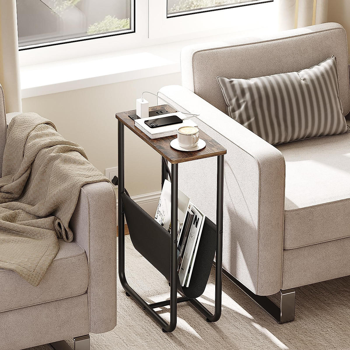 YATINEY Narrow End Table with Charging Station, Slim Side Table with Storage, Skinny End Table with Magazine Holder, Narrow End Table, Nightstand for Bedroom, Living Room, Rustic Brown ET05BR