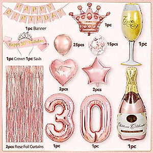 30th Birthday Decorations for Women, Rose Gold 30 Birthday Decorations for Her, Including Happy Birthday Sash, Crown, Banner, Foil Backdrops, Rosegold Balloons for 30th Birthday Party Supplies