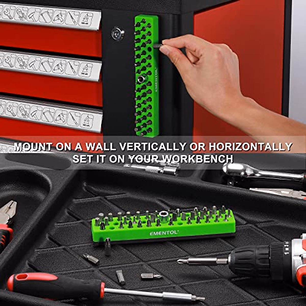 EMENTOL 1/4" Magnetic Bits Holder - Green, 43PCS Hole, Bit Organizer with Strong Magnetic, Magnetic Bits Organizer