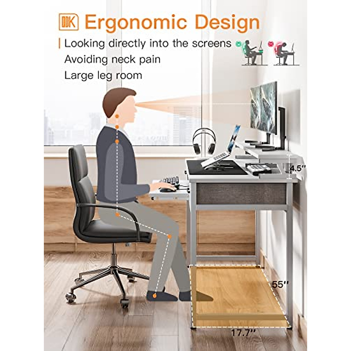 ODK Computer Desk Study Table, 55 Inch Office Desk with Drawers and Keyboard Tray, Study Desk Work Desk with Monitor Shelf, Writing Desk with Storage for Home Office, White