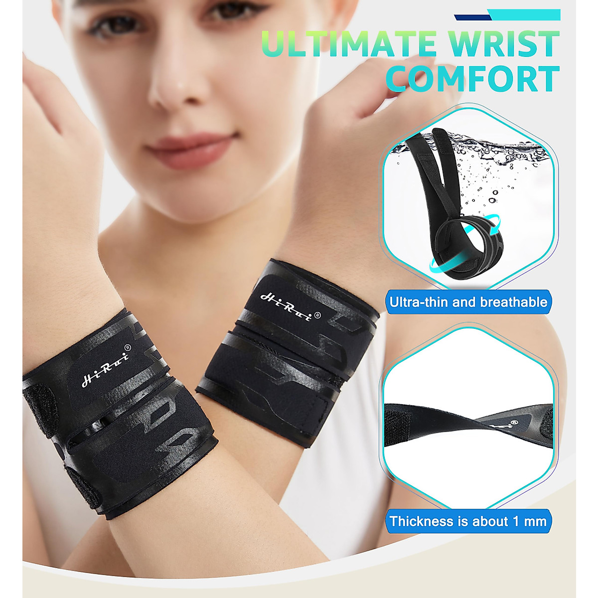 HiRui Wrist Brace Wrist Wrap for TFCC Tears, Ultra-thin Compression Wrist Strap Wrist Support for Workout Basketball Tennis Weightlifting Tendonitis Carpal Tunnel Syndrome-Adjustable (Black, 2 Pack)