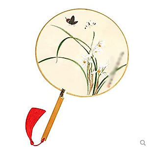 PHONME Decorative Folding Fans Ancient Fan，Chinese Style Hanfu Long-Handled Round Fan, Hanfu Shooting Handheld Fans for Film and Television Shooting Gift Hand Fan Vintage Style (Color : C)