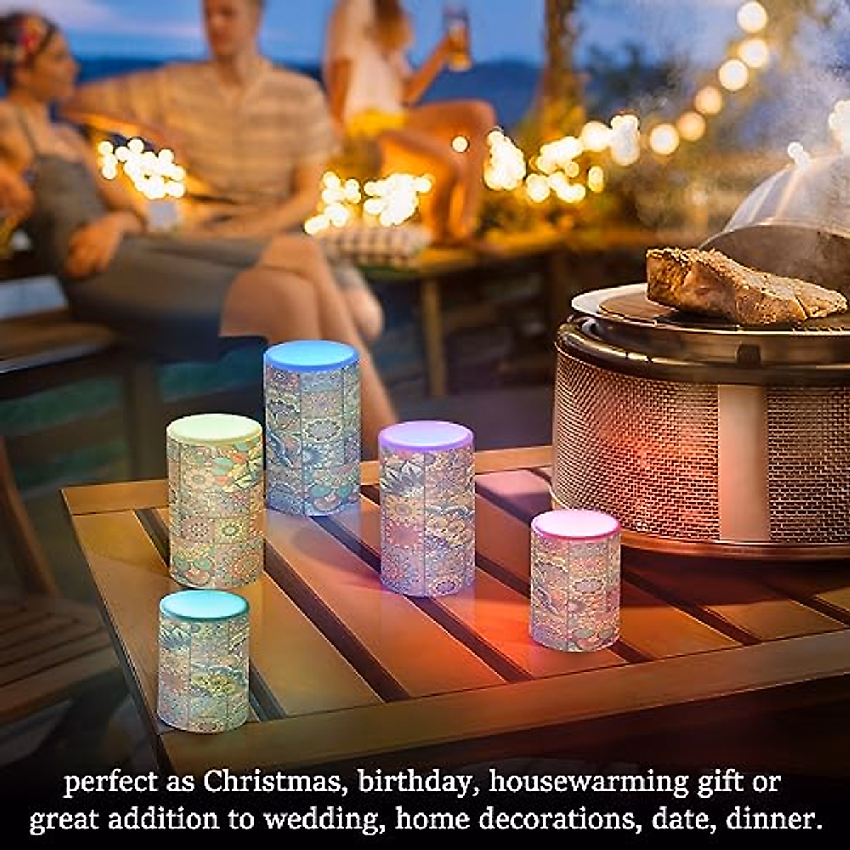 JULYTO Flameless Candles with Remote and Timer Boho Tile Abstract Patchwork Battery Operated Candles Set of 2 Beautiful Flower Flickering Pillar Led Fake Candles for Halloween Christmas Wedding Decor