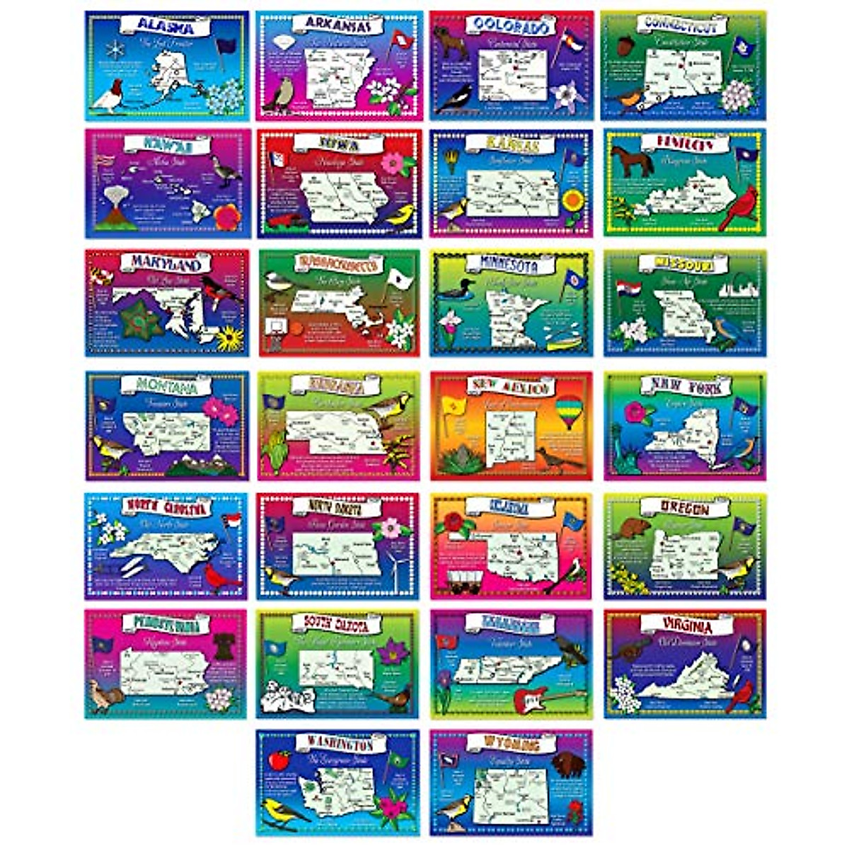 U.S. State Map Postcard Set. 50 modern post card variety pack. Illustrated postcards with maps of all fifty states of the United States of America. Made in USA.
