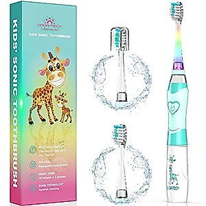 DADA-TECH Kids Electric Toothbrush Toddler Sonic Battery Powered Rainbow Light Up Vibrating Tooth Brush with 2 Minutes Timer for Children Boys Girls Ages 2+ Years Old, 3 Soft Brush Heads (Green)