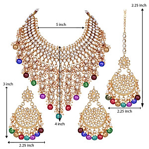Aheli Elegant Indian Wedding Wear Faux Kundan Studded Choker Necklace with Maang Tikka Set Ethnic Fashion Jewelry for Women (Multi Kundan & Pearl Drop)