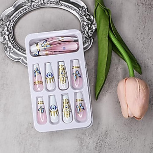 Fall Press on Nails Long Square Fake Nails with Eyeball and Butterfly Designs Acrylic Nails Autumn Glossy False Nails White Glue on Nails for Women 24PCS