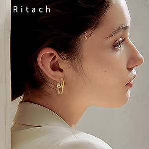 Ritach 925 Sterling Silver Small Huggie Hoop Earrings for Women Trendy 14K Gold Plated Chain Hoop Flower Dangle Drop Earrings