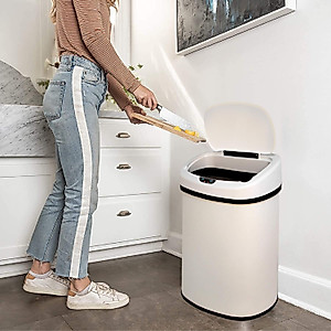 13.2 Gallon Trash Can Kitchen Bathroom Bedroom Stainless Steel Automatic Garbage Can with Odor Control System, 50 Liter Semi-Round No Touch Motion Sensor with Plastic Lid Brushed Waste Bin-White