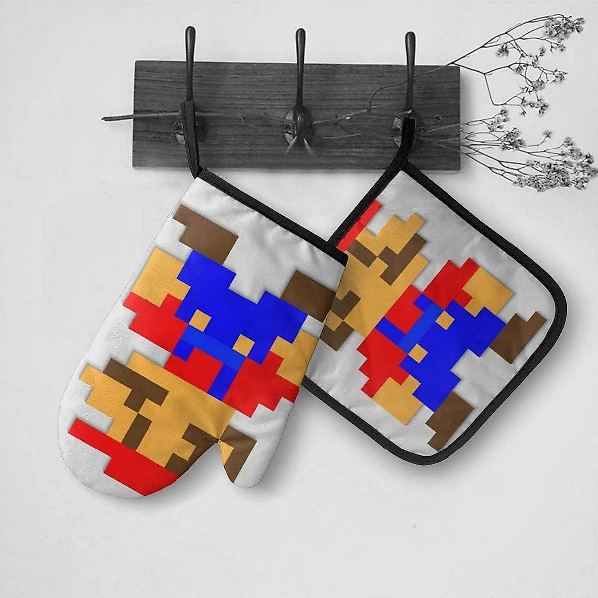 HENGE Pixel Mario Oven Mitts and Pot Holders Sets of 2,Resistant Hot Pads,Flexible Cooking Oven Gloves for Microwave BBQ Cooking Baking Grilling