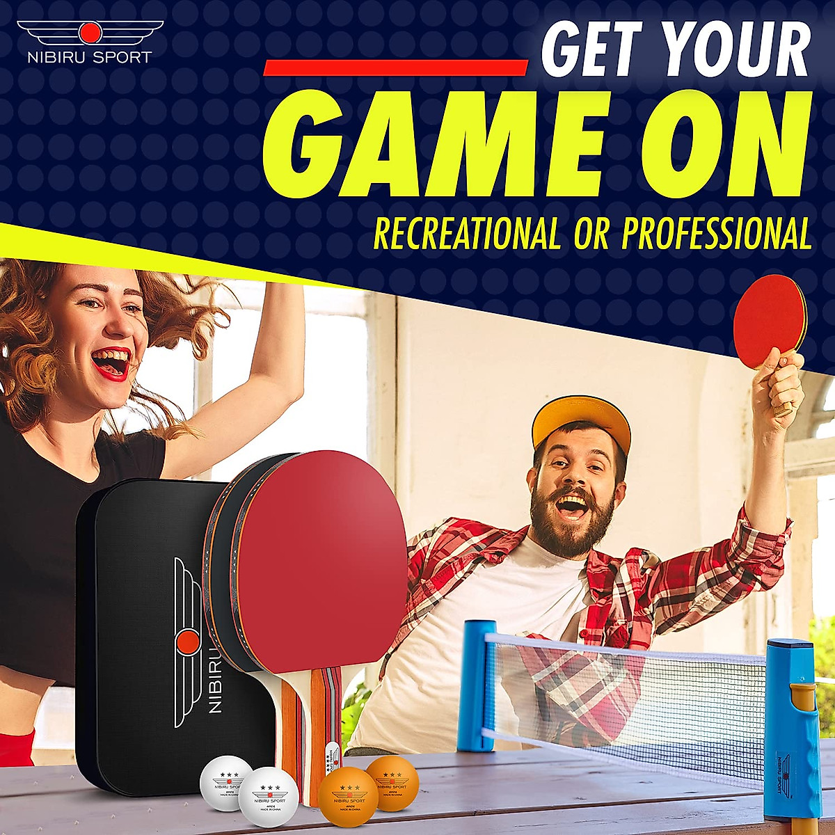 NIBIRU SPORT Professional Ping Pong Paddle Set (2-Player) - Table Tennis Paddles Set of 2 with Retractable Net, 4 Balls, and Carry Bag/Storage Case - Table Tennis Equipment & Ping Pong Accessories