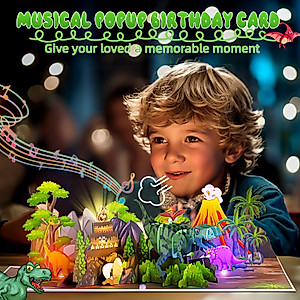 Dinosaur Musical Birthday Cards for Kids Boys Girls - 3D Pop Up Birthday Greeting Cards with Colorful LED Light & Blowout Candle & Birthday Music - Dinosaur Theme Birthday Party Gifts